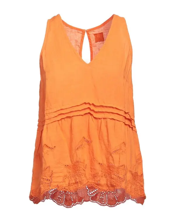 120% Lino Linen Top With Lace - Mandarin
