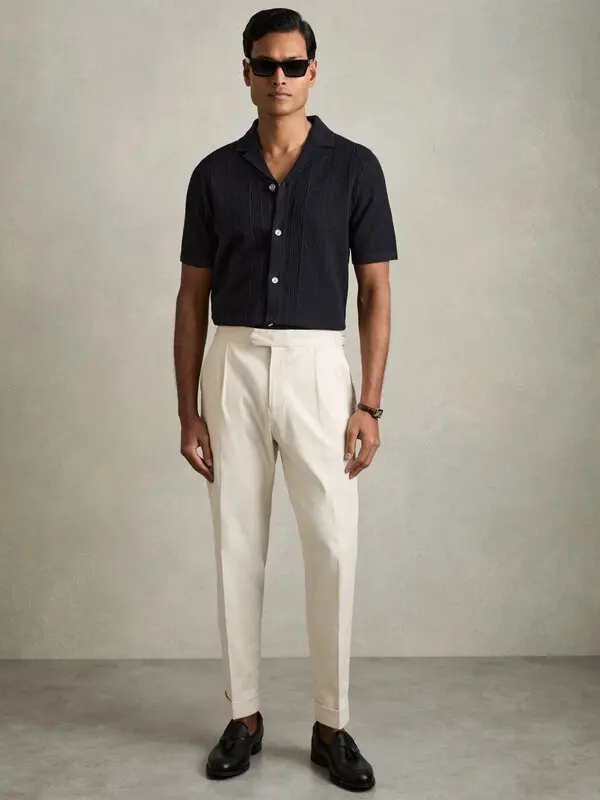 REISS Kipling Textured-knit Short-sleeve Shirt - Navy
