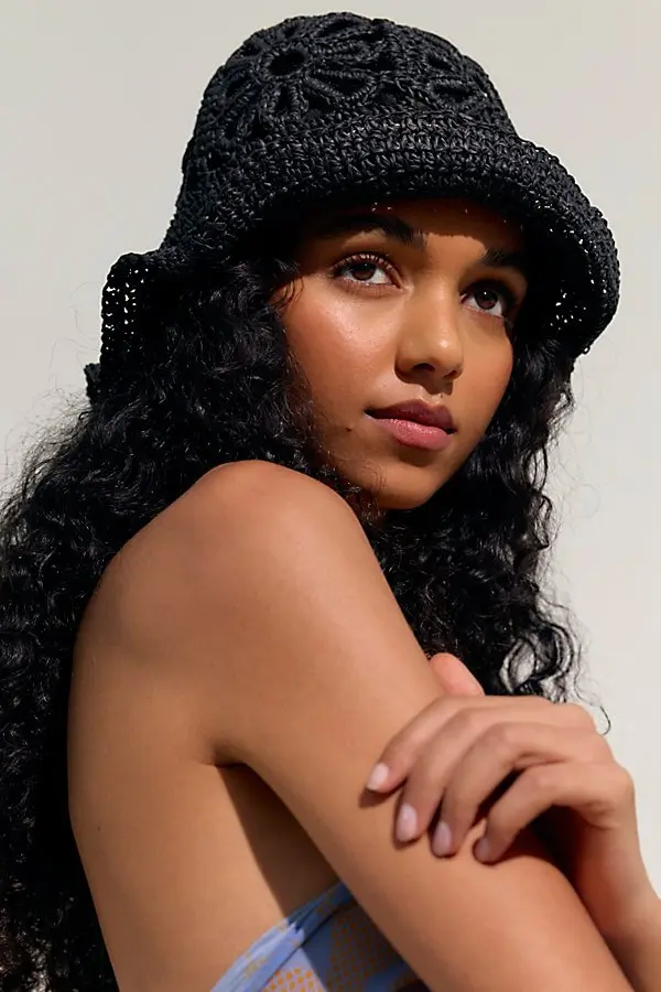 Free People Cut-out Daisy Crochet Straw Hat - Black