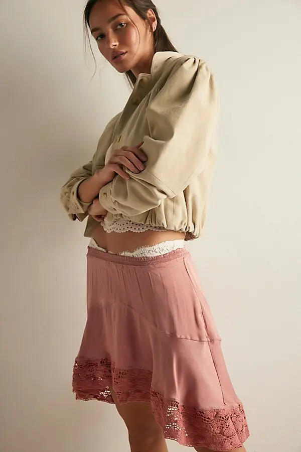 Free People Intimately Midnight Muse Mini Slip Skirt With Crochet Trim - Old Rose