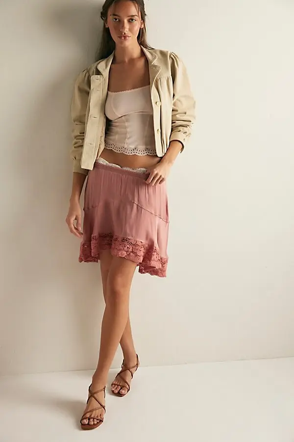 Free People Intimately Midnight Muse Mini Slip Skirt With Crochet Trim - Old Rose
