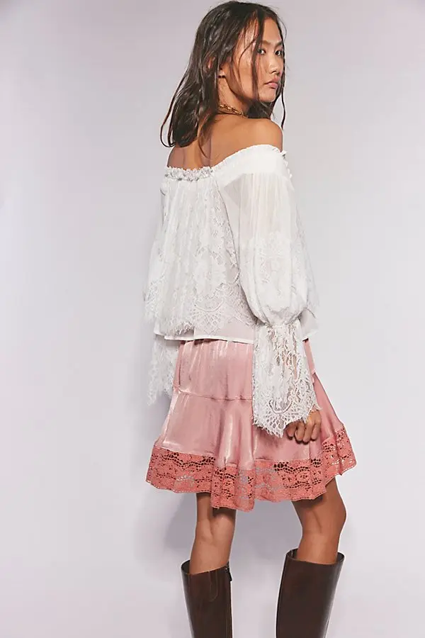 Free People Intimately Midnight Muse Mini Slip Skirt With Crochet Trim - Old Rose
