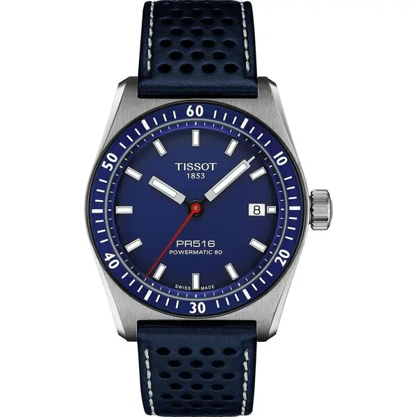 TISSOT Pr516 Powermatic 80 Automatic Leather Strap Watch - Blue