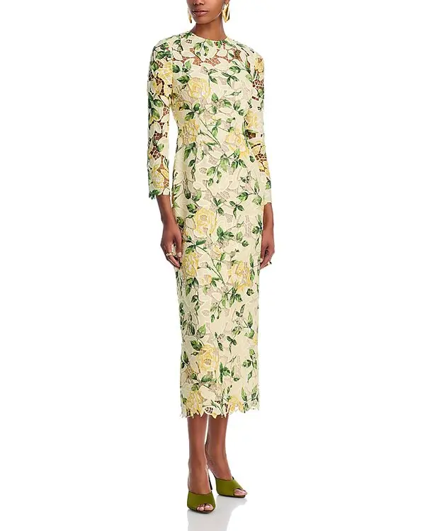 Oscar De La Renta Long Sleeve Printed Guipure Dress - Yellow/sof