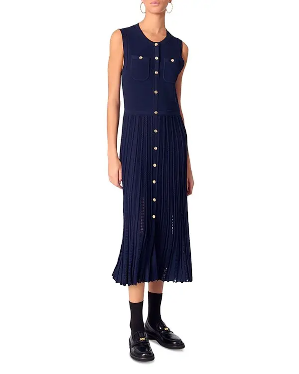 Maje Pleated Knit Maxi Dress - Navy