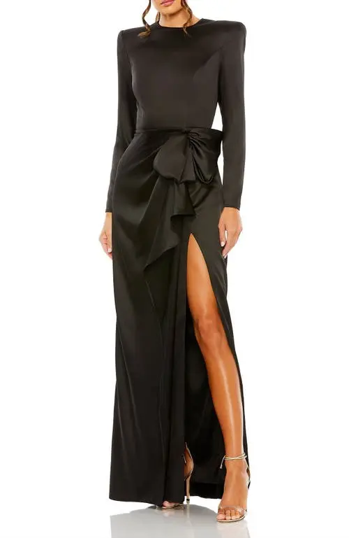 Mac Duggal Long Sleeve Satin Draped Column Gown With Bow - Black