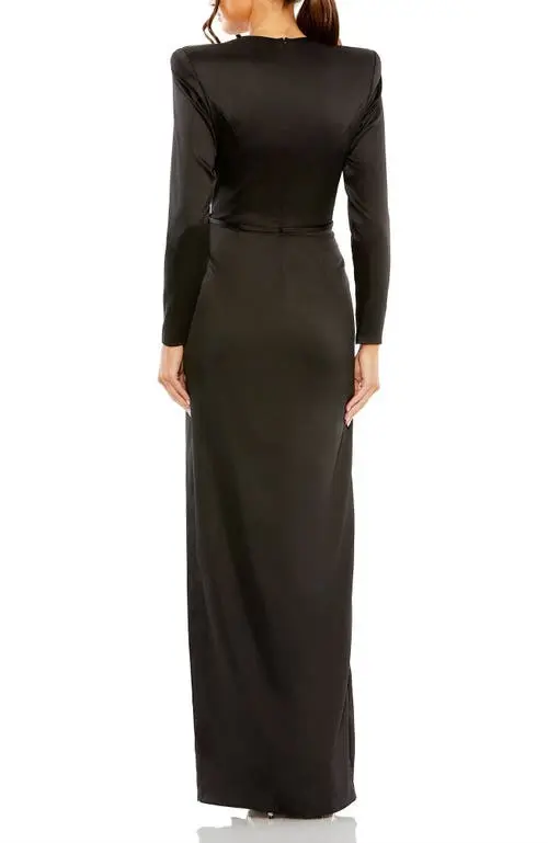 Mac Duggal Long Sleeve Satin Draped Column Gown With Bow - Black