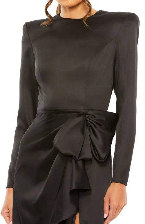 Mac Duggal Long Sleeve Satin Draped Column Gown With Bow - Black