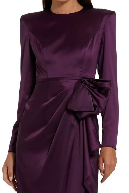 Mac Duggal Long Sleeve Satin Draped Column Gown With Bow - Eggplant