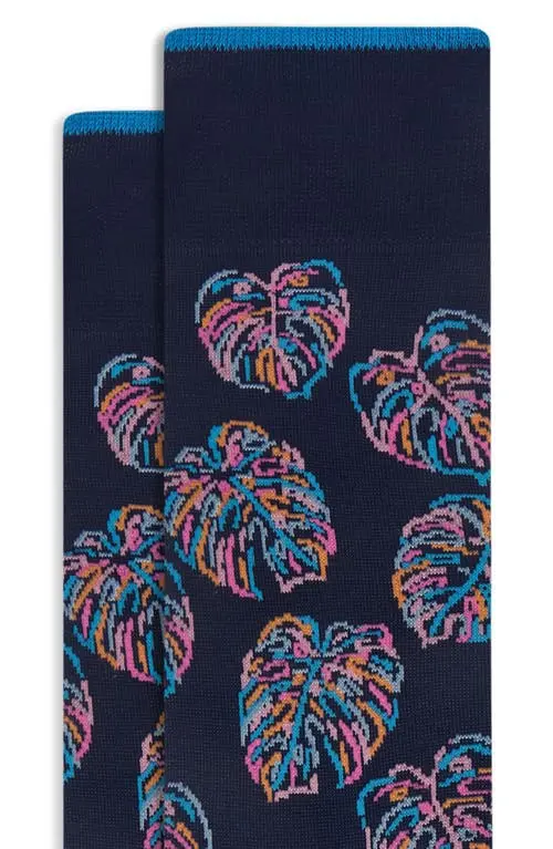 Bugatchi Leaf Pattern Mercerized Cotton Blend Dress Socks - Navy