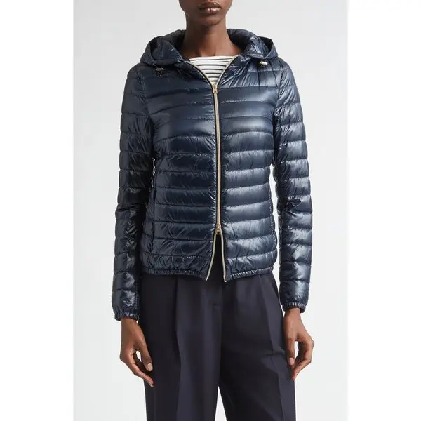 Herno Angela Hooded Ultralight Nylon Down Bomber Jacket - 9200 Navy
