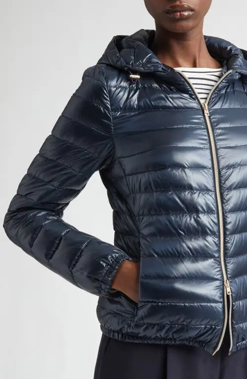 Herno Angela Hooded Ultralight Nylon Down Bomber Jacket - 9200 Navy