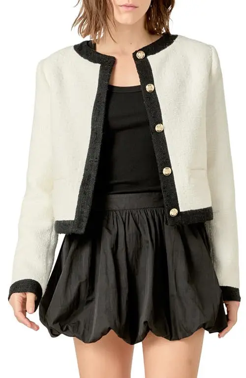 English Factory Collarless Tweed Jacket - White/ Black