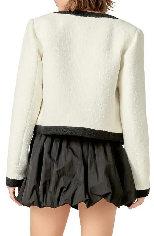 English Factory Collarless Tweed Jacket - White/ Black