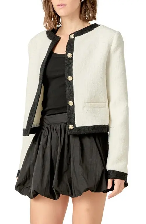 English Factory Collarless Tweed Jacket - White/ Black