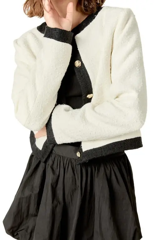English Factory Collarless Tweed Jacket - White/ Black