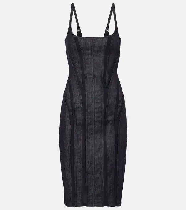 MUGLER Mesh-trimmed Denim Midi Dress - Blue
