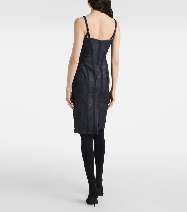 MUGLER Mesh-trimmed Denim Midi Dress