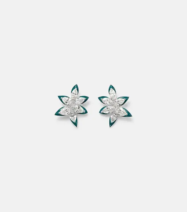 KAMYEN 18kt Gold Floral Stud Earrings With Diamonds And Enamel - Silver