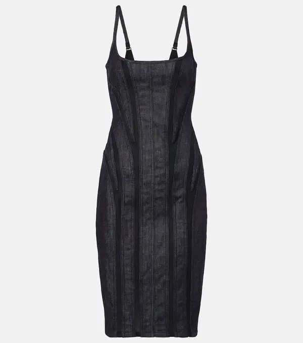 MUGLER Mesh-trimmed Denim Midi Dress - Blue