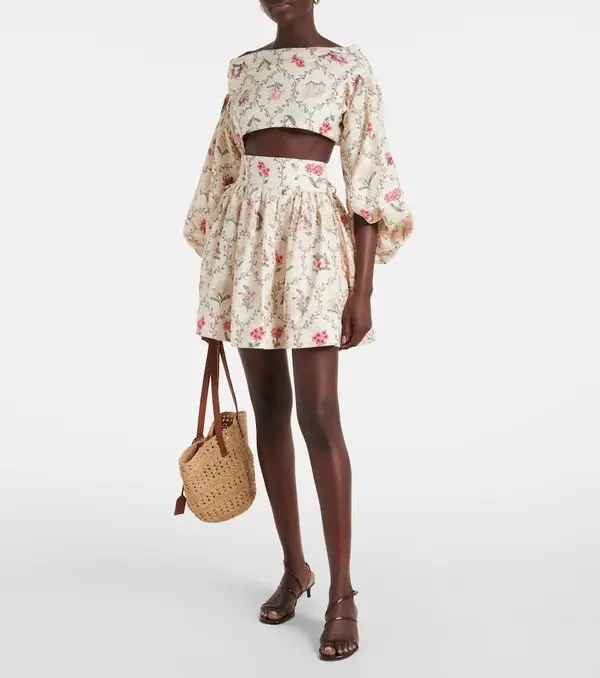 Agua Bendita Floral Print Linen Cropped Top