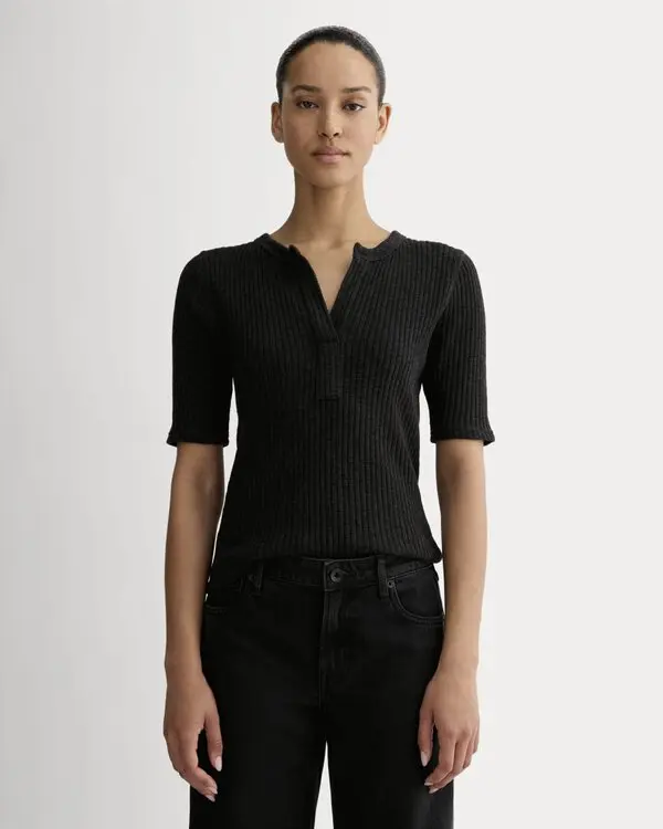 Everlane Rib-knit Short-sleeve Henley Sweater - Black