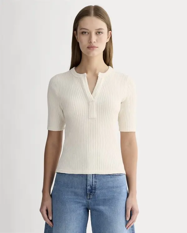 Everlane Rib-knit Short-sleeve Henley Sweater - Bone