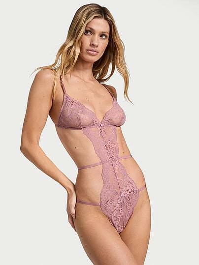 Victoria's Secret Dream Angels Dare To Lace Strappy Triangle Teddy - Pink