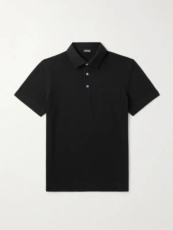 Zegna Slim-fit Leather-trimmed Cotton-piqué Polo Shirt - Black