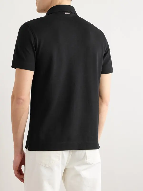 Zegna Slim-fit Leather-trimmed Cotton-piqué Polo Shirt - Black