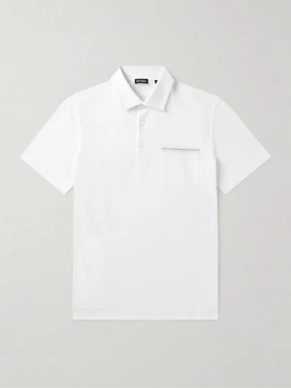 Zegna Leather-trimmed Cotton-piqué Polo Shirt - White