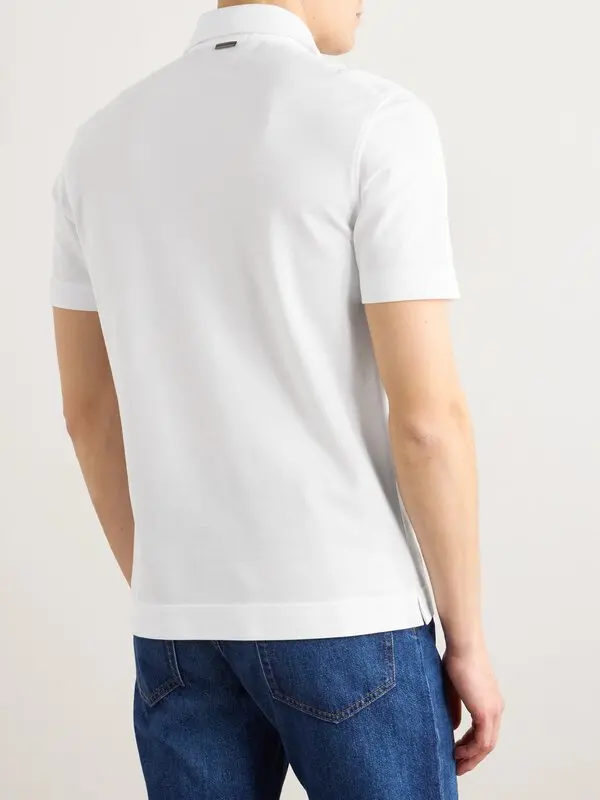 Zegna Leather-trimmed Cotton-piqué Polo Shirt - White