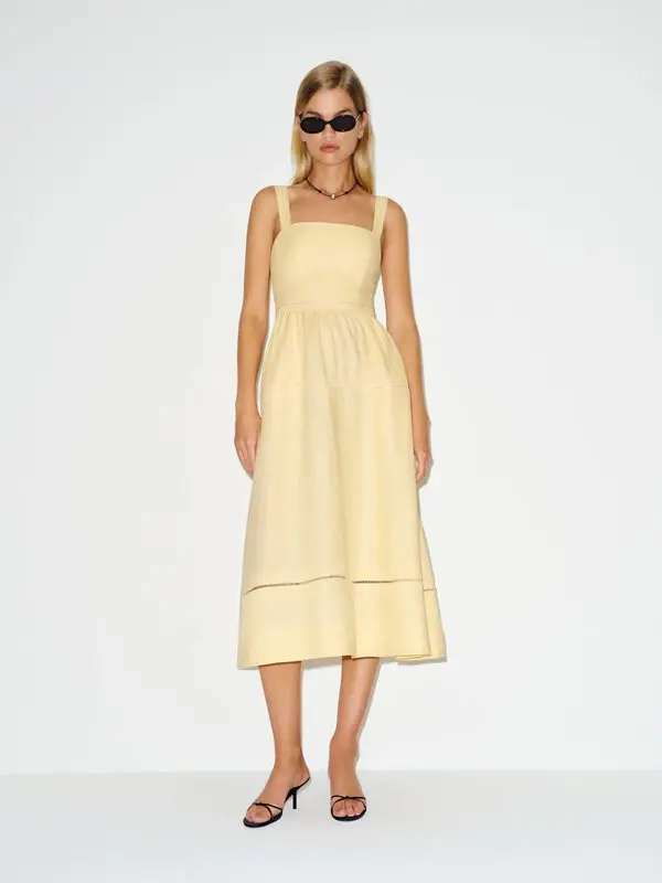 REFORMATION Everett Linen Midi Dress - Yellow