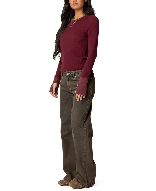 EDIKTED Waffle Long Sleeve T-shirt - Burgundy