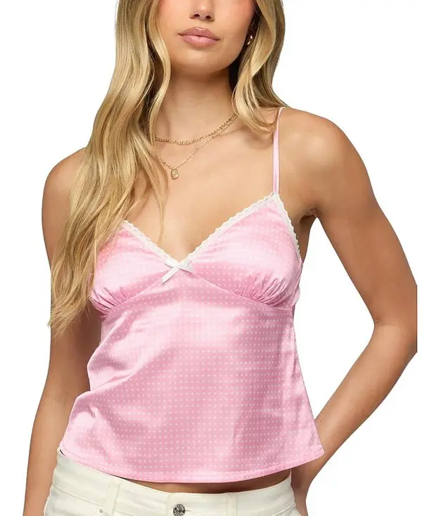 EDIKTED Polka Dot Satin Top With Lace Trim - Pink