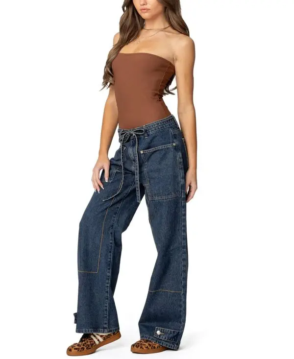 EDIKTED Funky Stitch Low Rise Jeans - Dark Blue Washed