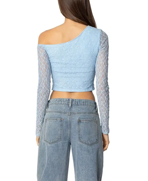 EDIKTED Fabia Asymmetric Textured Lace Top - Light Blue