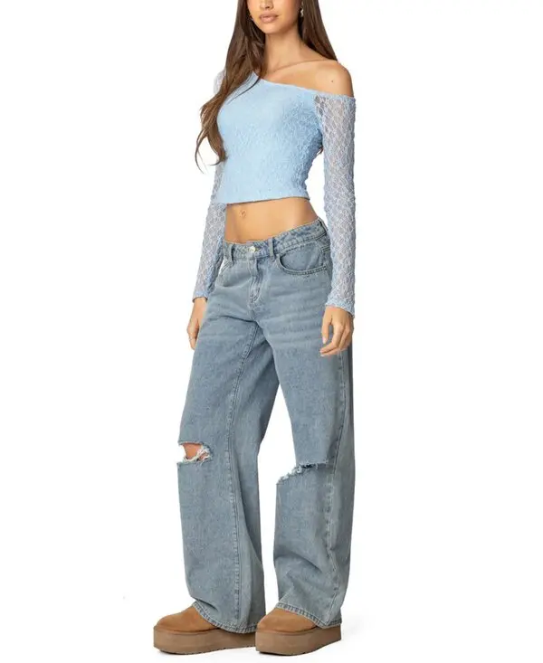 EDIKTED Fabia Asymmetric Textured Lace Top - Light Blue