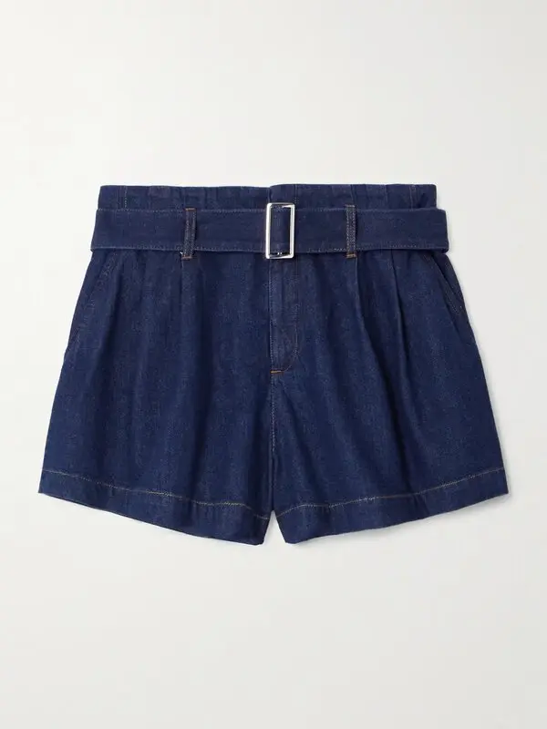 FRAME The Paper Bag Belted Pleated Denim Shorts - Blue