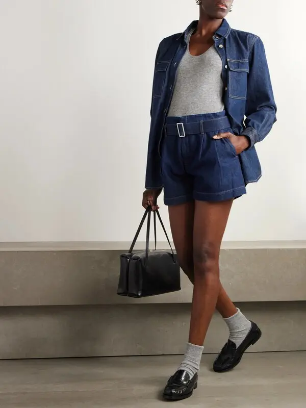 FRAME The Paper Bag Belted Pleated Denim Shorts - Blue