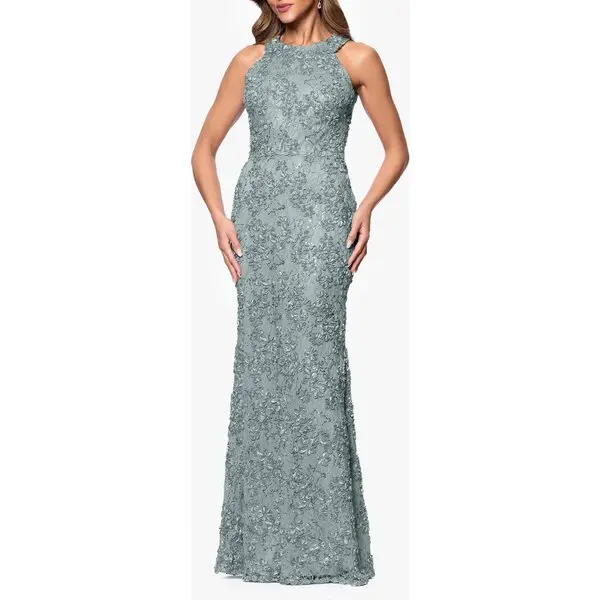 XSCAPE EVENINGS Sequin Soutache Sleeveless Gown - Sage