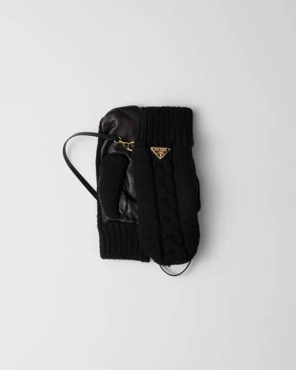 Prada Wool And Nappa Leather Mittens - Black