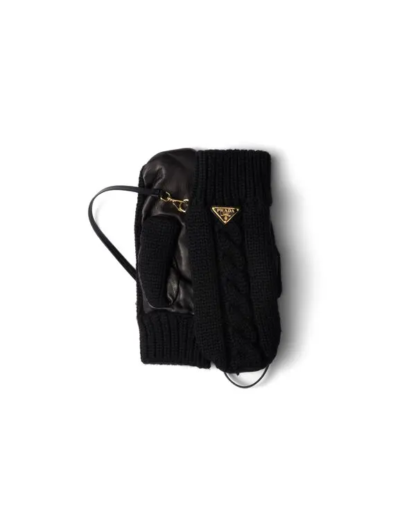 Prada Wool And Nappa Leather Mittens - Black