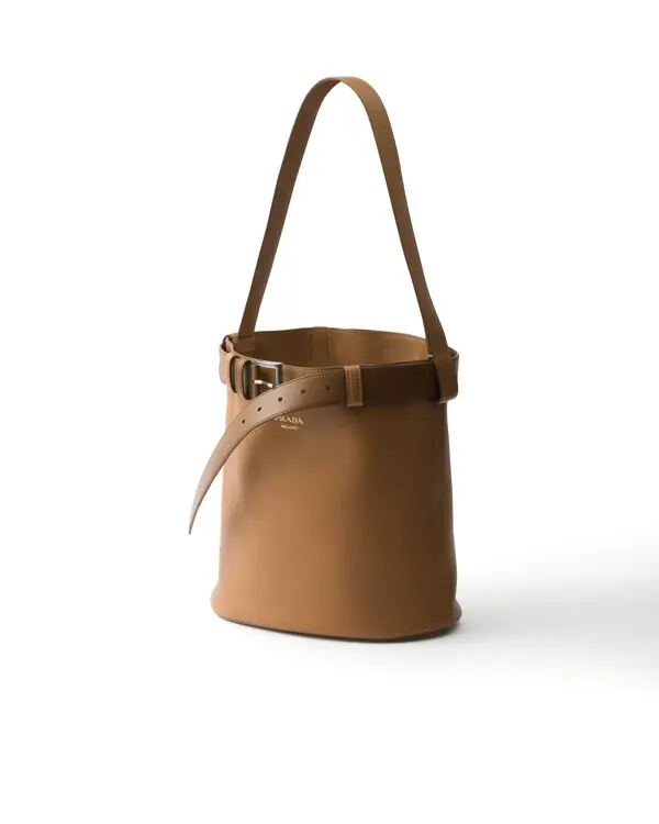 Prada Buckle Leather Bucket Bag With Belt - Brown