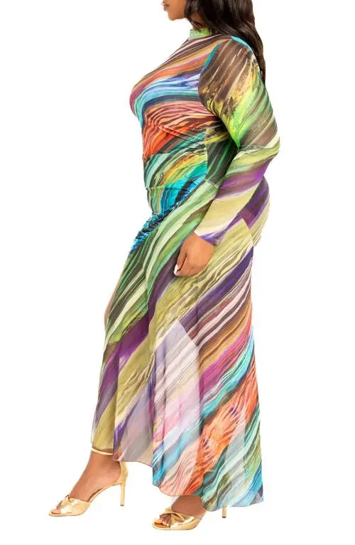 BUXOM COUTURE Print Asymmetric Mesh Midi Dress
