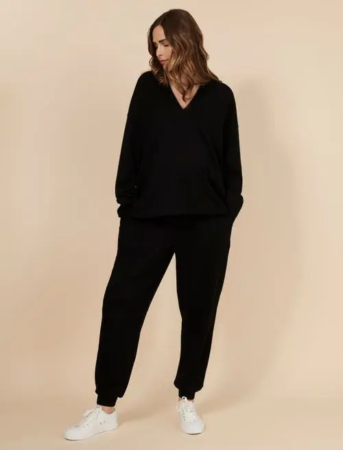 Motherhood Maternity V-neck Pullover Scuba Knit Hoodie - Black