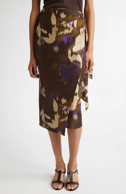Max Mara Dritto Floral Shantung Silk Wrap Skirt - Coffee