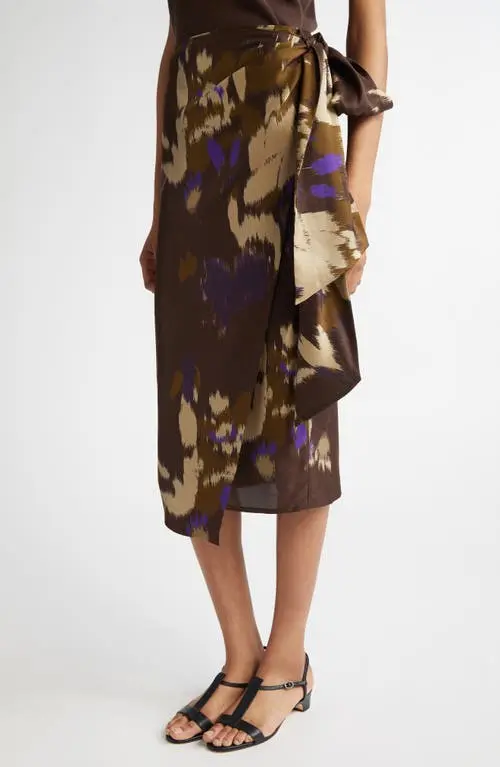 Max Mara Dritto Floral Shantung Silk Wrap Skirt - Coffee