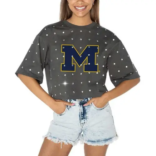 GAMEDAY COUTURE Michigan Wolverines Go Time Rhinestone Crop T-shirt - Gray