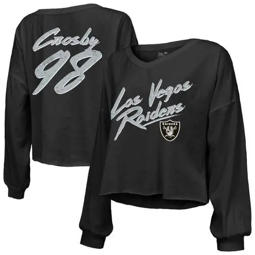 MAJESTIC THREADS Maxx Crosby Las Vegas Raiders Off-shoulder Script Player Name & Number Cropped Long Sleeve V-neck T-shirt - Black